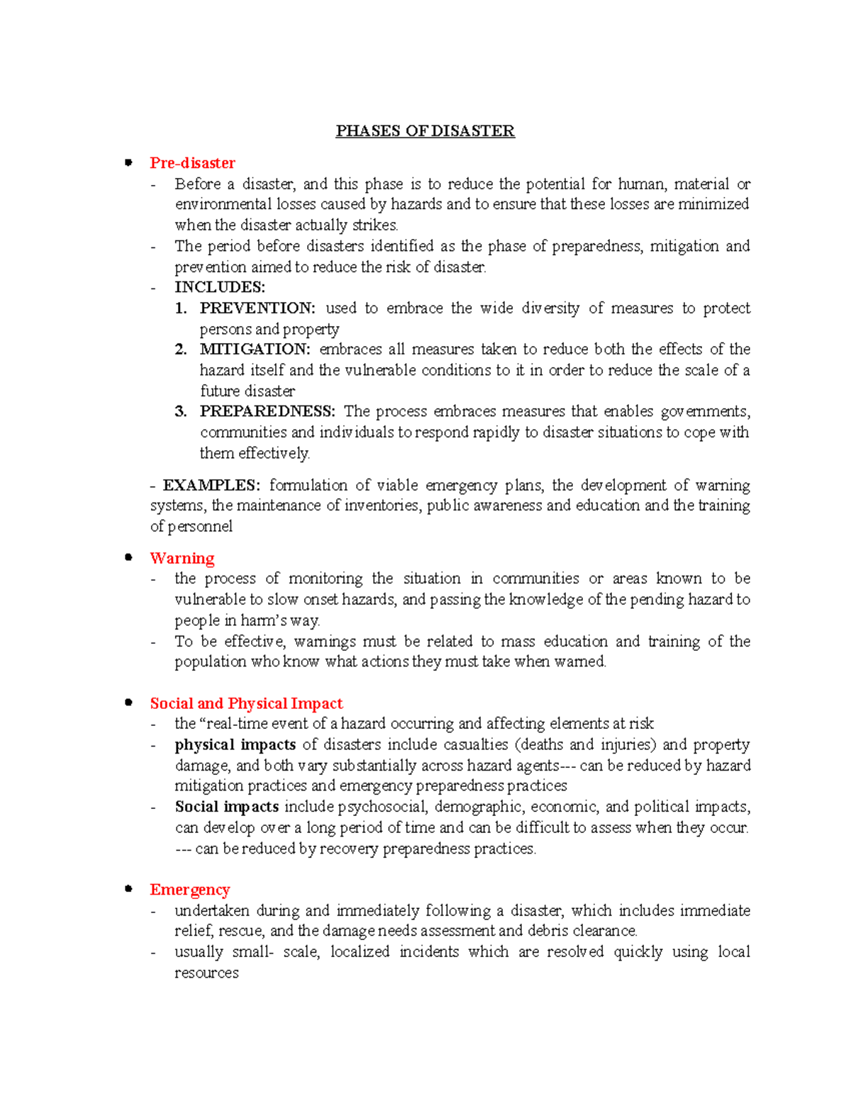 Phases of Disaster: Essential Notes for Disaster Management - Studocu