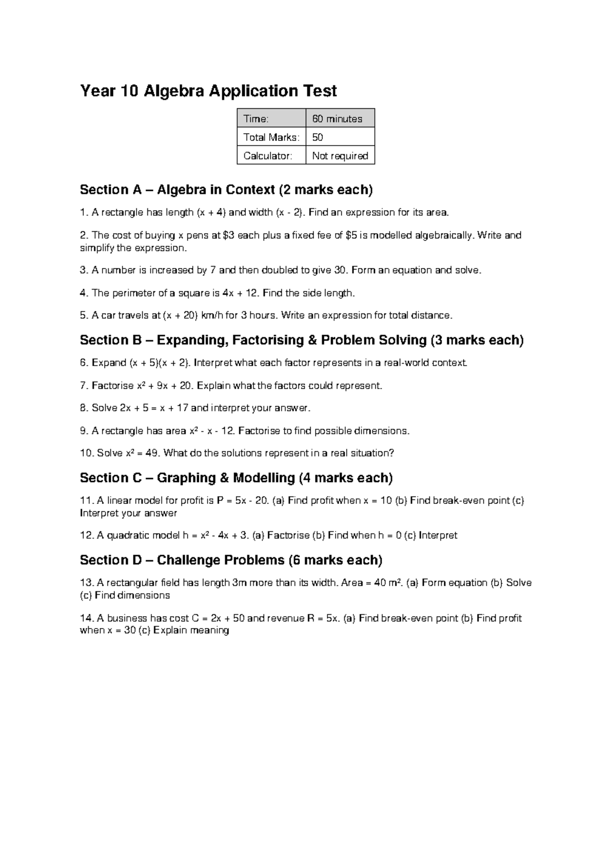 Year 10 Algebra Application Test: Concepts & Problem Solving - Studocu