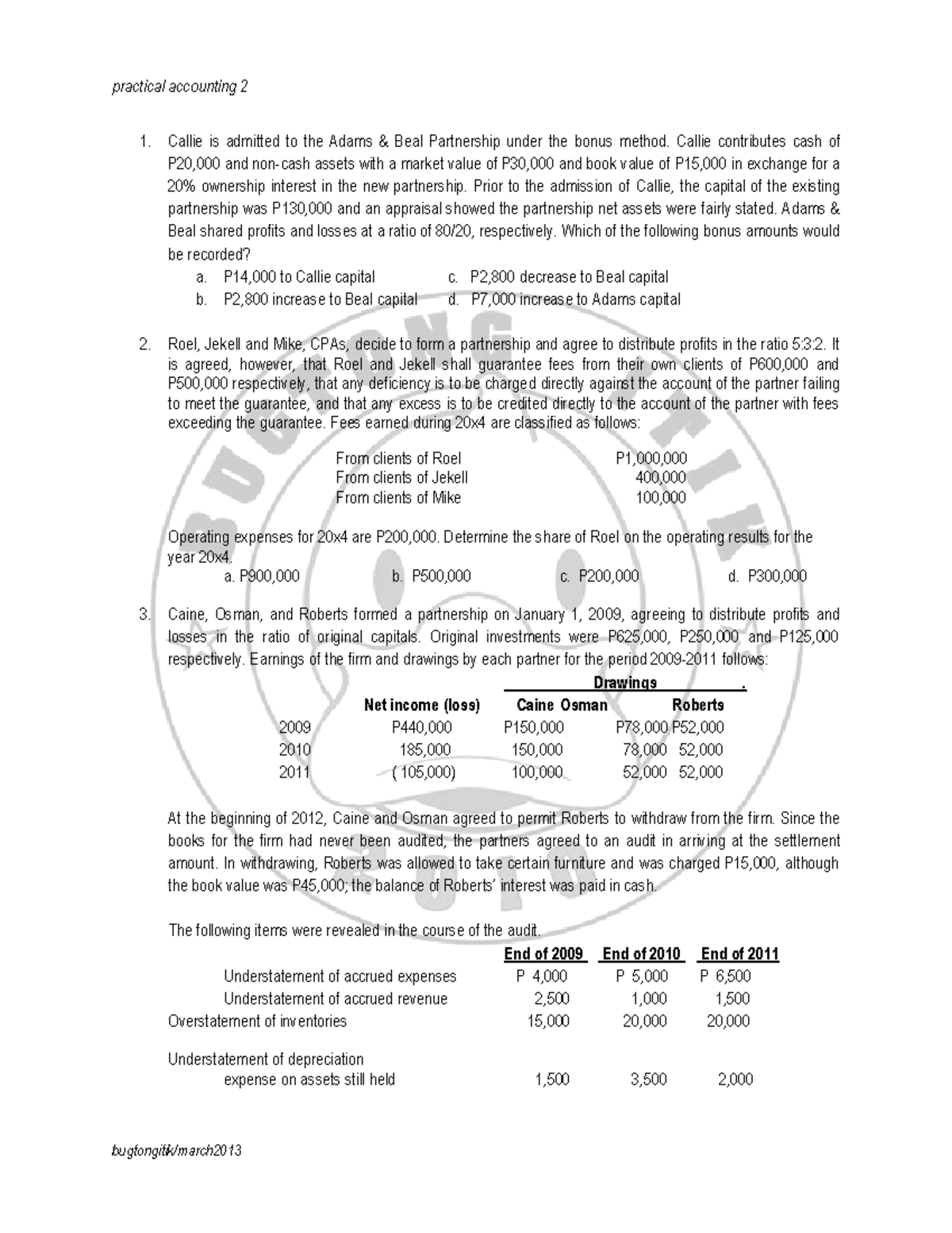Accounting Prac 2: Bonus Method Analysis of Partner Admissions and ...