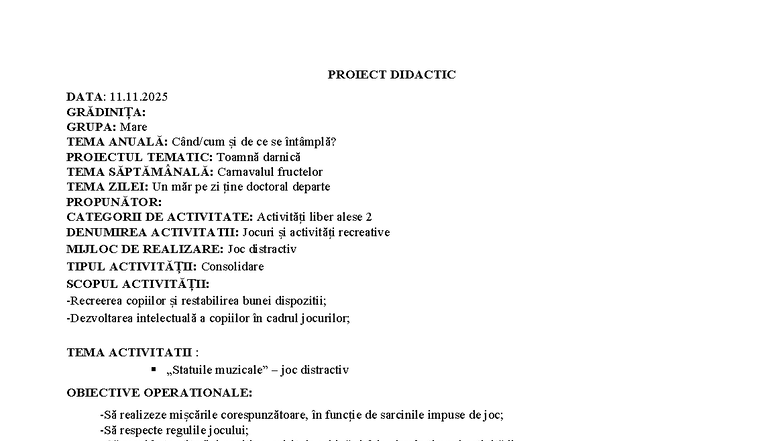Proiect Didactic ALA 2: Statuile Muzicale - Activități Recreație - Studocu