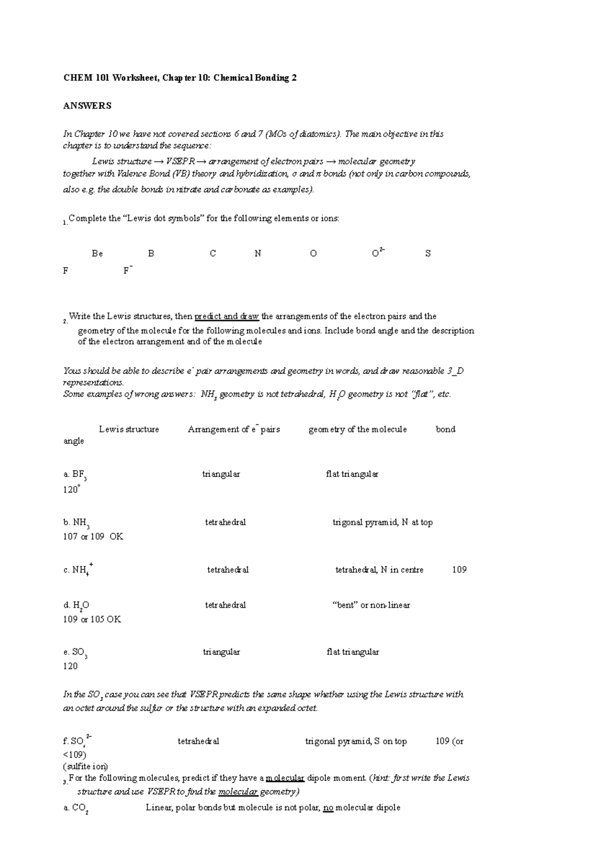 Worksheet Chapter 10 Answers NEW - CHEM 101 Worksheet, Chapter 10 ...