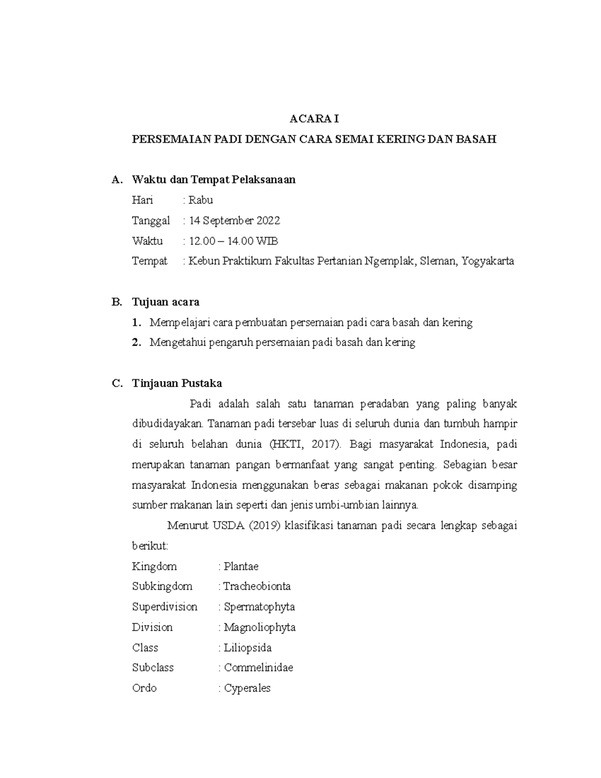 Laporan Praktikum Persemaian Padi: Basah vs. Kering ACARA I - Studocu