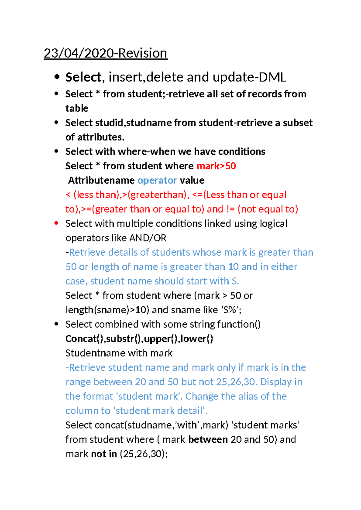 SQL Revision Notes: DML, Queries, Joins, & Subqueries Guide - Studocu