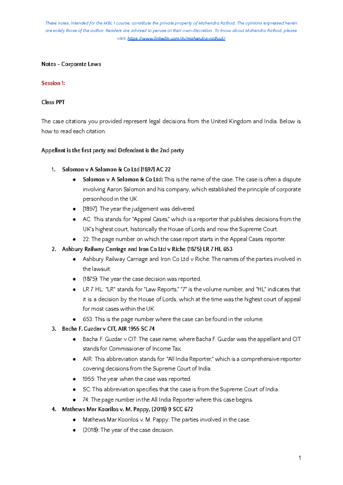 Notes - Corporate Laws - For reference purpose. - are solely those of ...