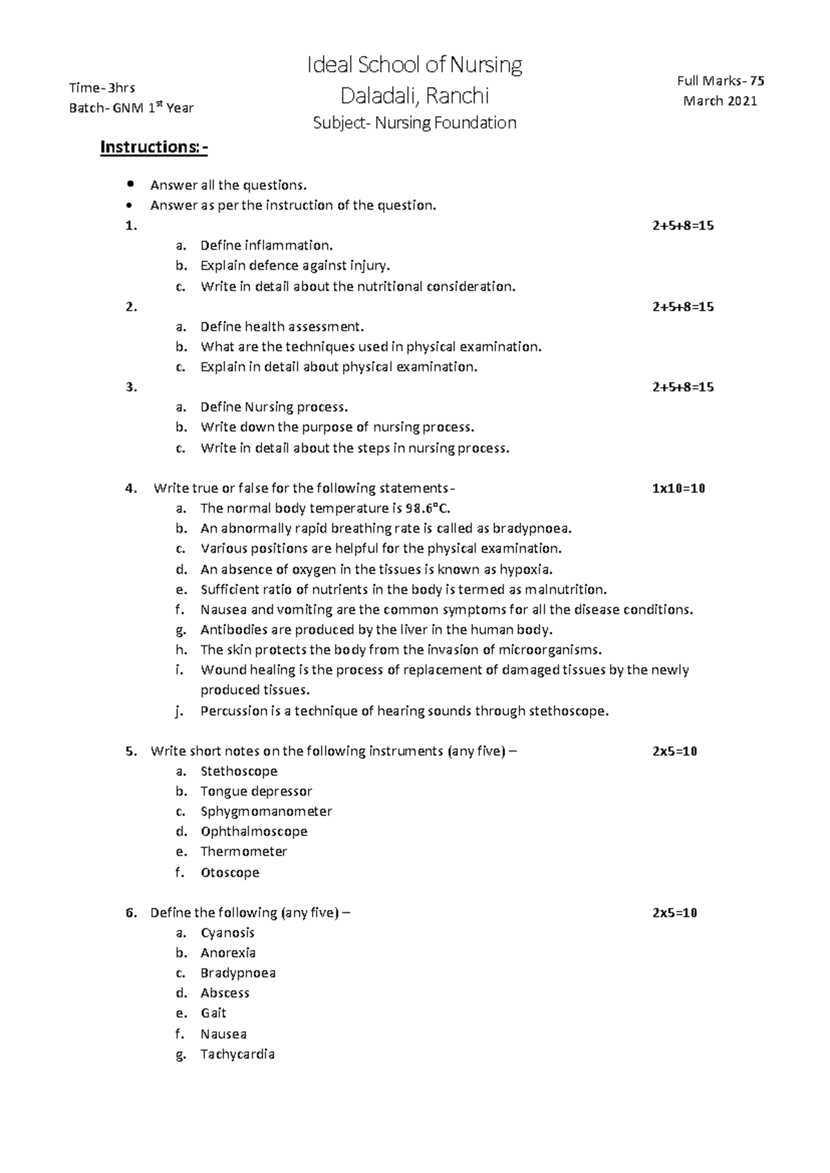 GNM 2nd Year Nursing Foundation Question Paper - March 2021 - Studocu