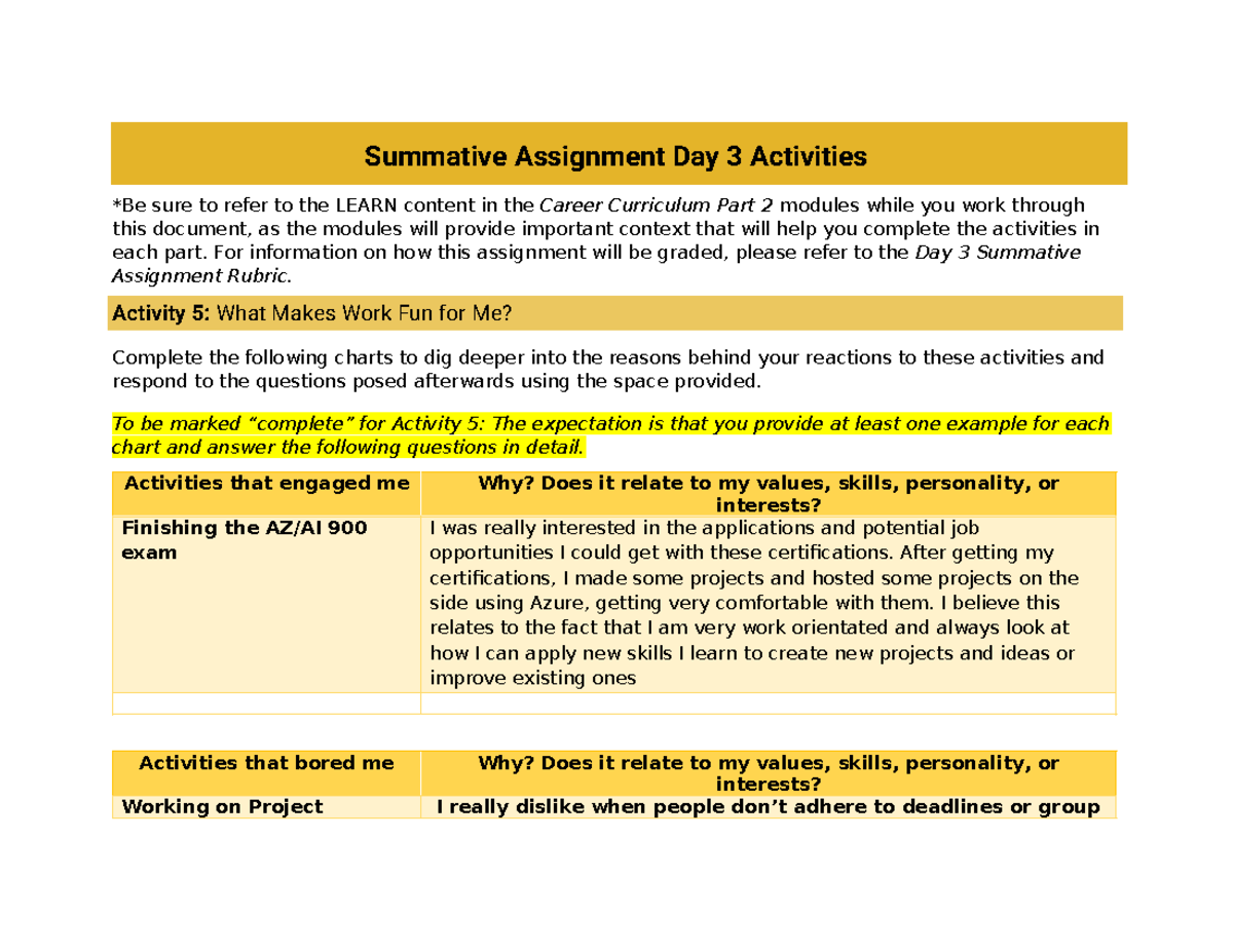 Day 3 Career Curriculum Summative Assignment Overview - Studocu