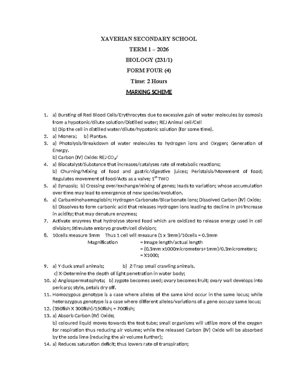 Biology F4 Term 1 2026 Marking Scheme - PP1 - Studocu