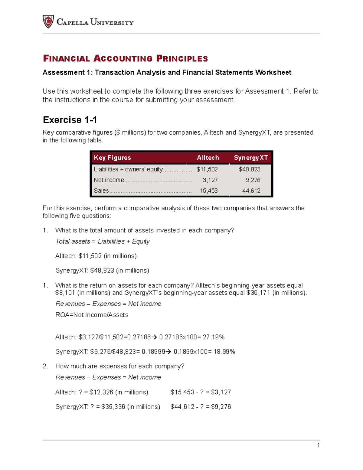 01a1 Transaction Analysis & Financial Statements Assessment Worksheet ...