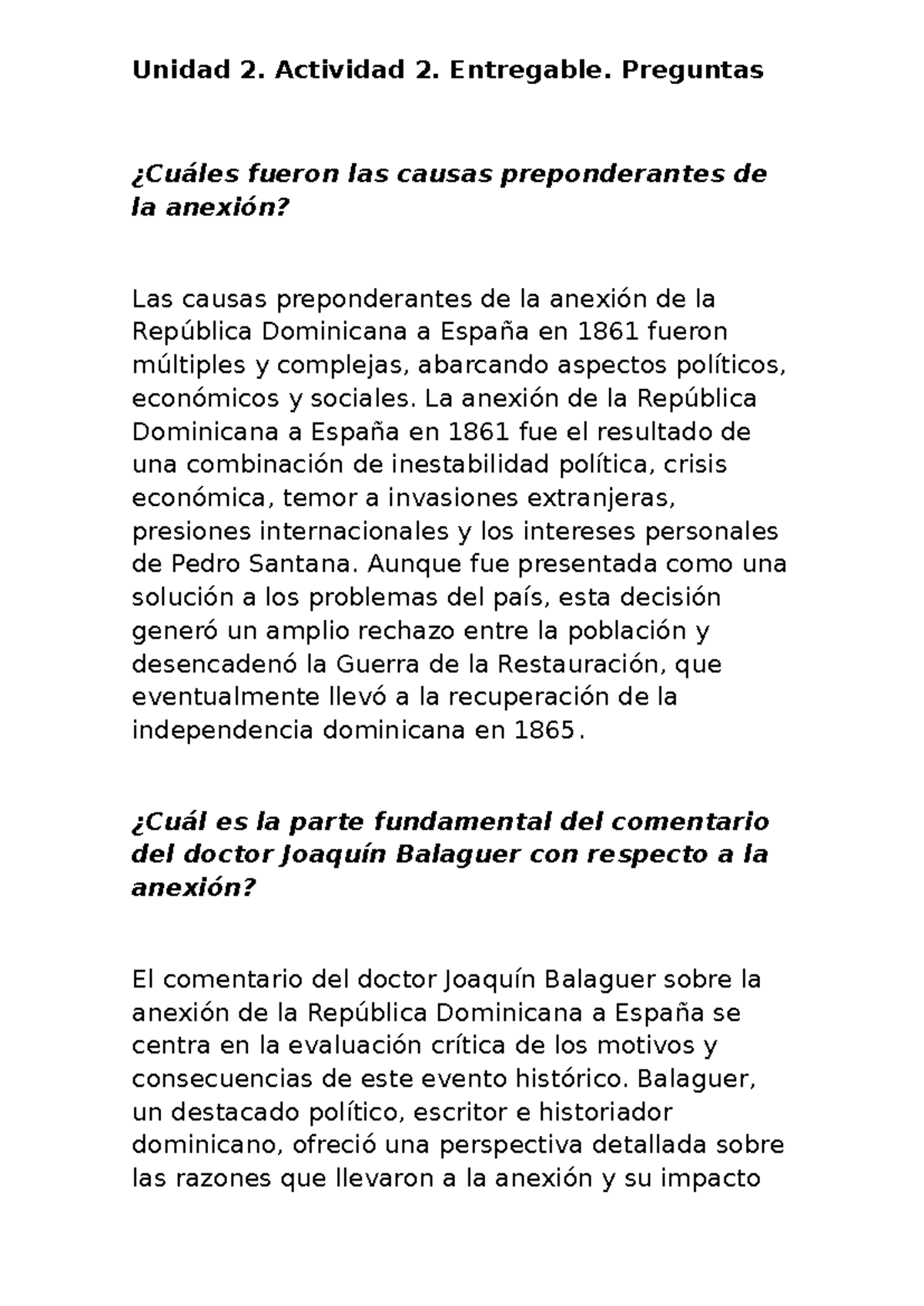 Causas Preponderantes de la Anexión RD a España - Unidad 2 Actividad 2 ...