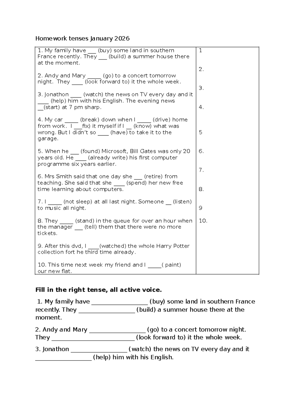 Homework on Tenses - January 2026 - Studocu
