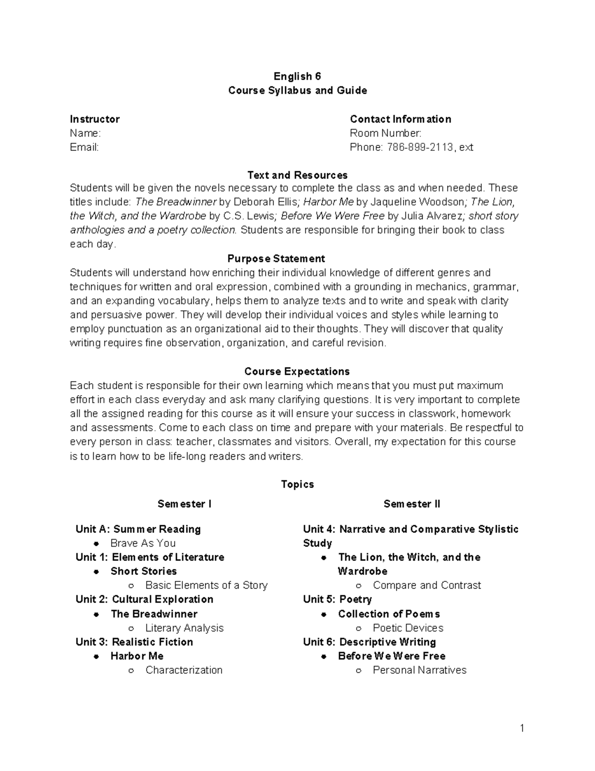 English 6 Course Syllabus & Guide: Instructor Info & Expectations - Studocu