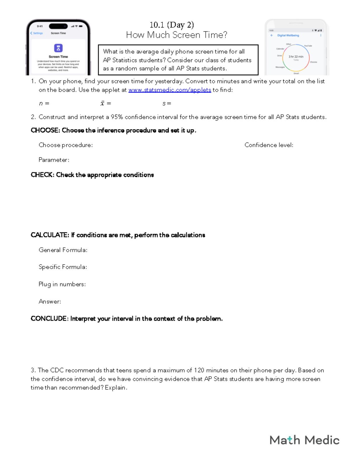 Lesson 10.1 Day 2: Analyzing Screen Time Stats in AP Stats Math Medic ...