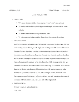 Lab Report 6 Experiment 6 - Experiment 6 – Acids, bases, and salts Name ...