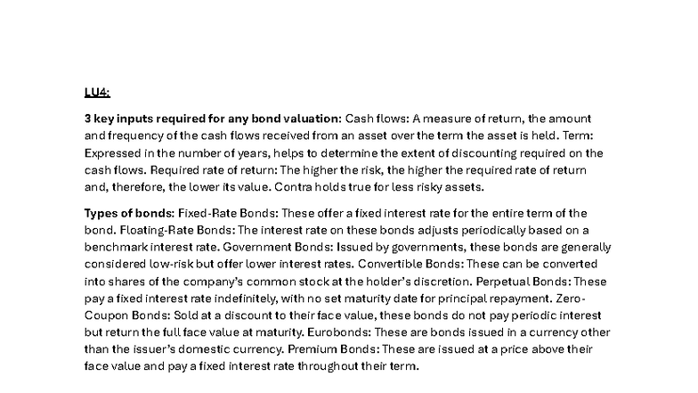 FINM LU4: Key Inputs for Bond Valuation and Types of Bonds - Studocu
