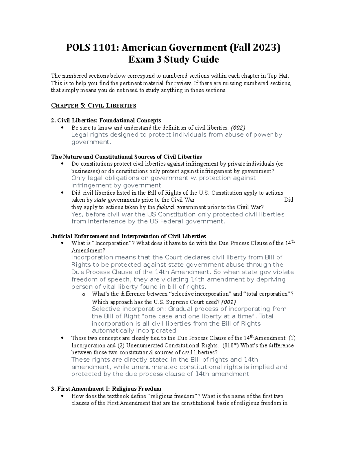 POLS 1101 Exam 3 Study Guide F23: Civil Liberties & Rights Review - Studocu