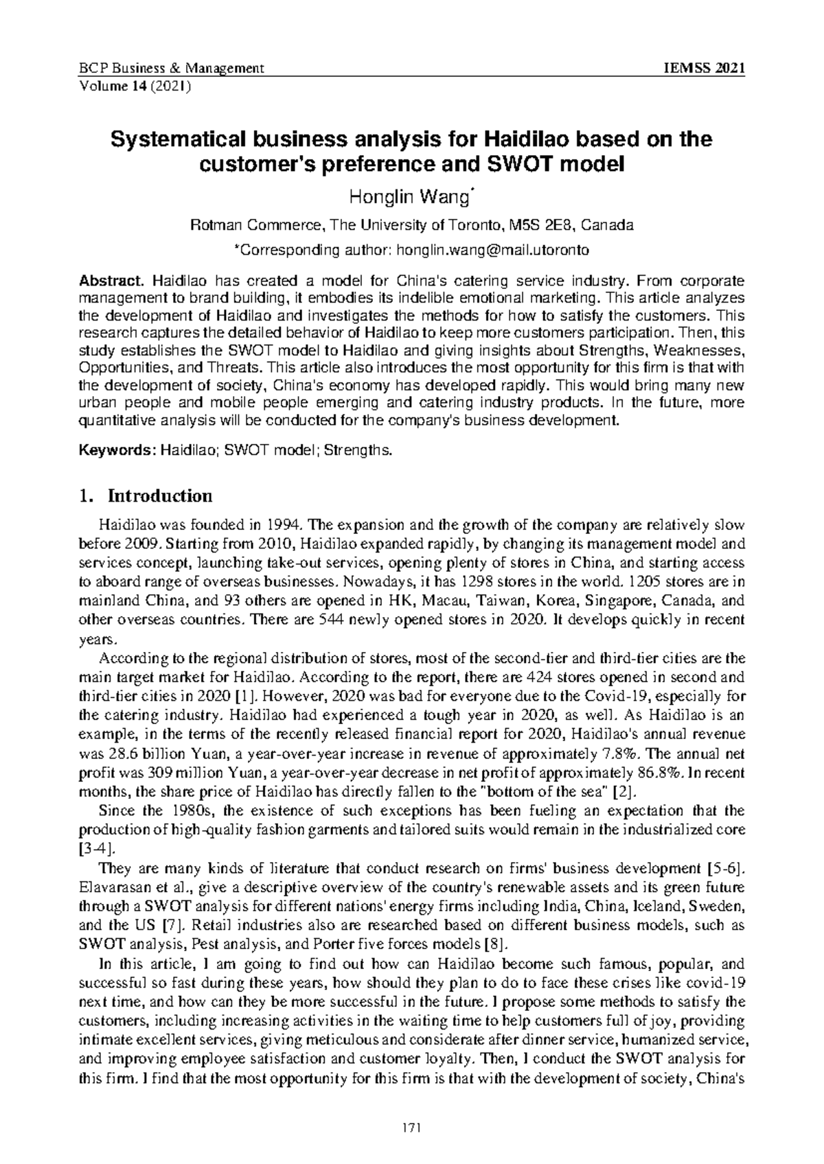Iemss 2021-171-176 - HAIDILAO - Volume 14 (2021) Systematical business ...