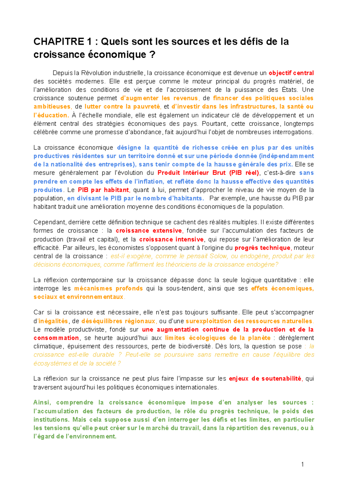 Chapitre 1 SES : Sources et Défis de la Croissance Économique - Studocu