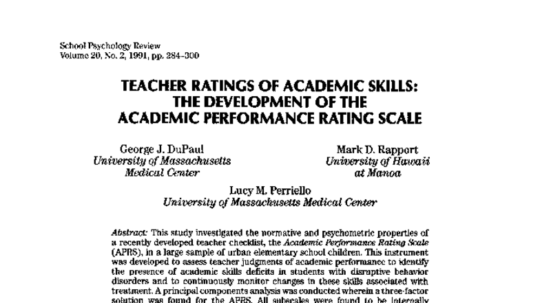 Academic Performance Rating Scale - ####### School Psychology Review ...