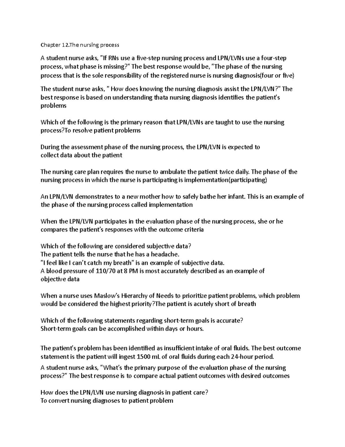 Chapter 12 Nursing Process Questions & Answer Key - LPN/LVN Study Guide ...