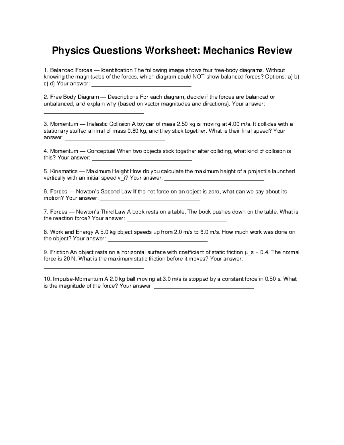 Physics 101: Mechanics Review Worksheet on Forces and Motion - Studocu