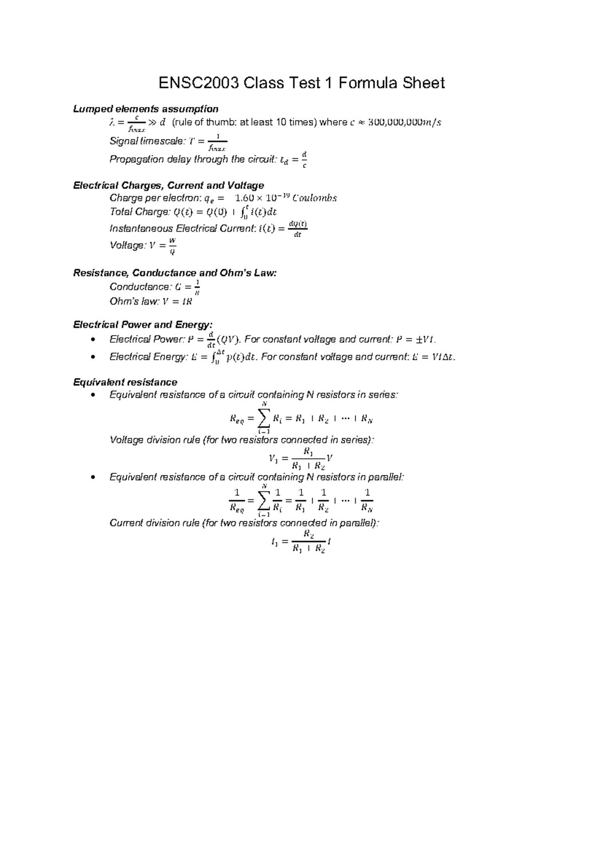 ENSC2003 Class Test 1 Formula Sheet: Key Electrical Concepts - Studocu
