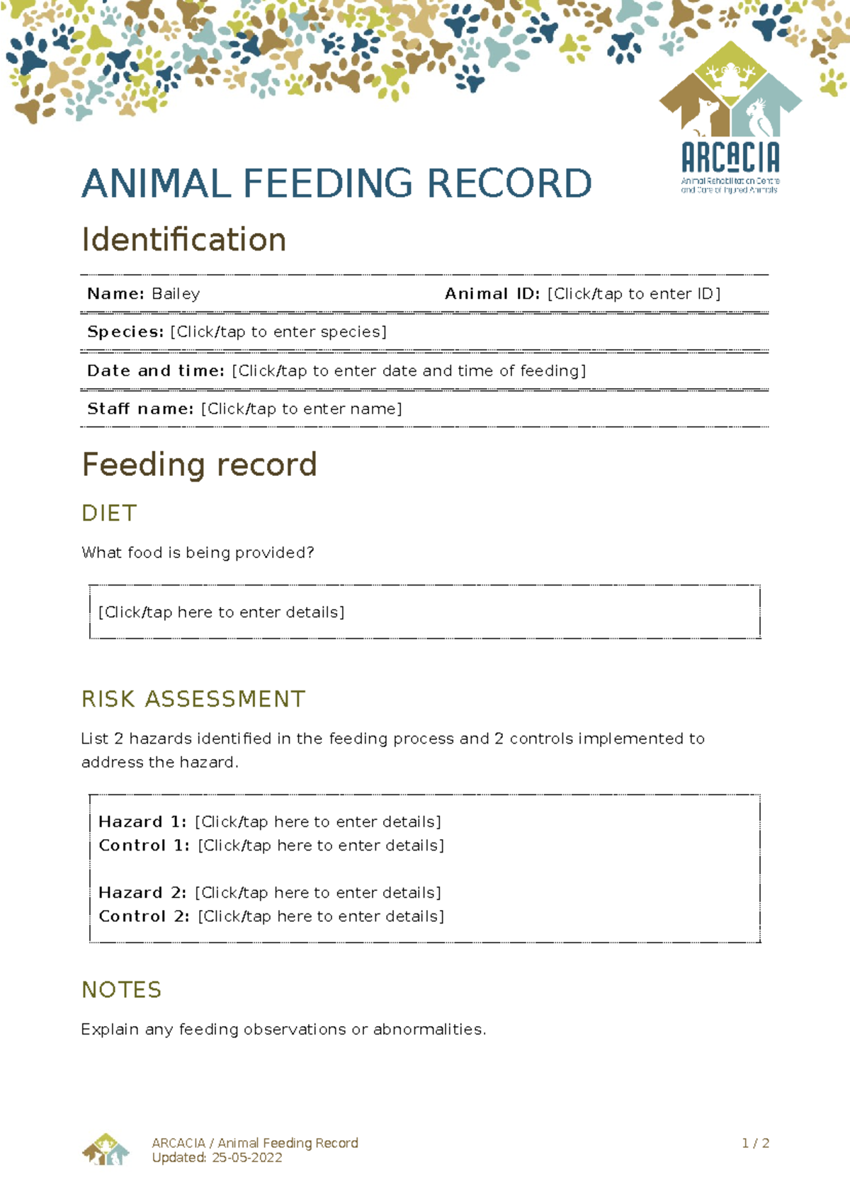 Animal Feeding Record - Bailey - ANIMAL FEEDING RECORD Identification ...