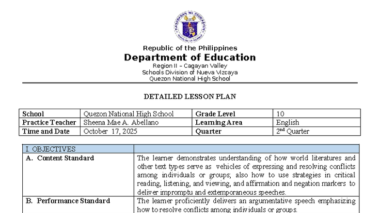 Detailed Lesson Plan for English 10: Multimodal Elements (2nd Quarter ...