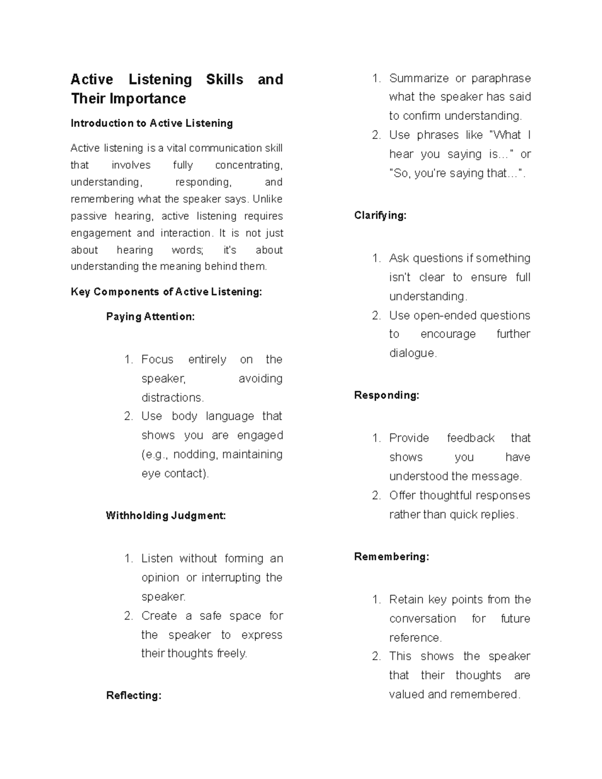 Active Listening Skills: Importance and Key Techniques - Studocu