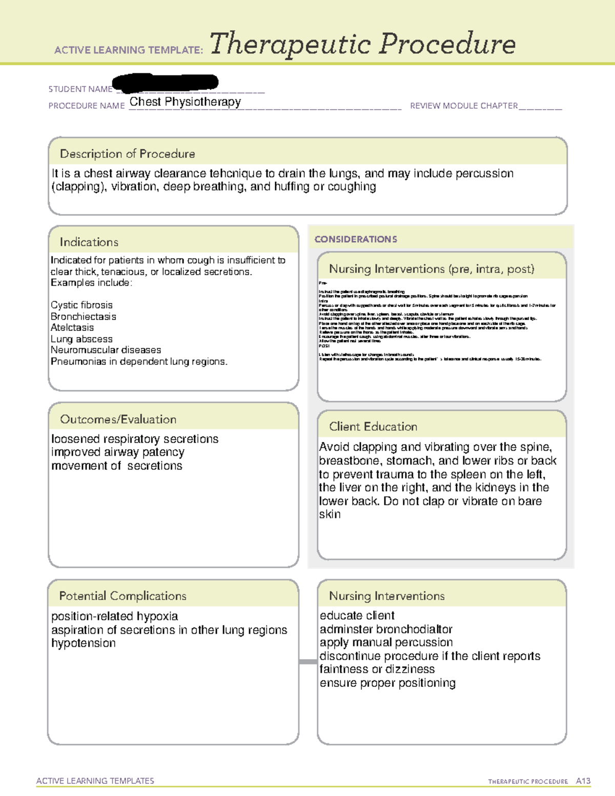 ATI-Active Learning Template: Chest Physiotherapy Procedure Notes - Studocu