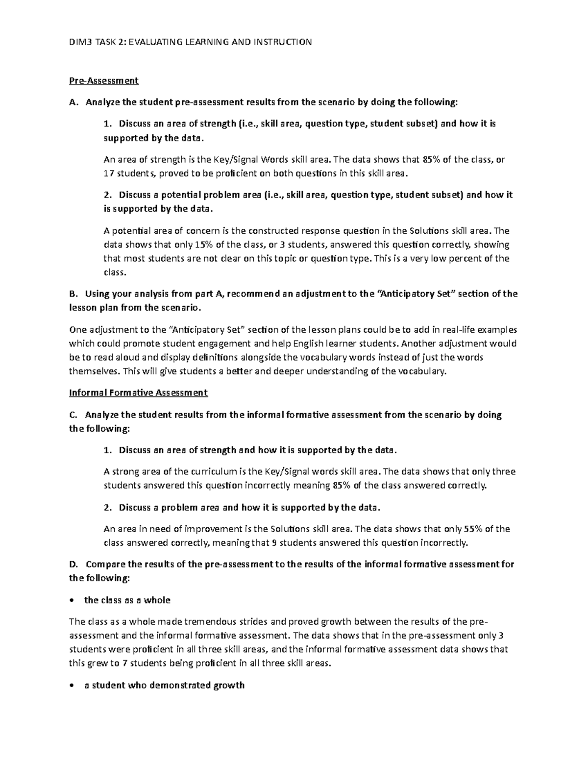 DIM3 task 2 - Task 2 - Pre-Assessment A. Analyze the student pre-assessment results from the ...