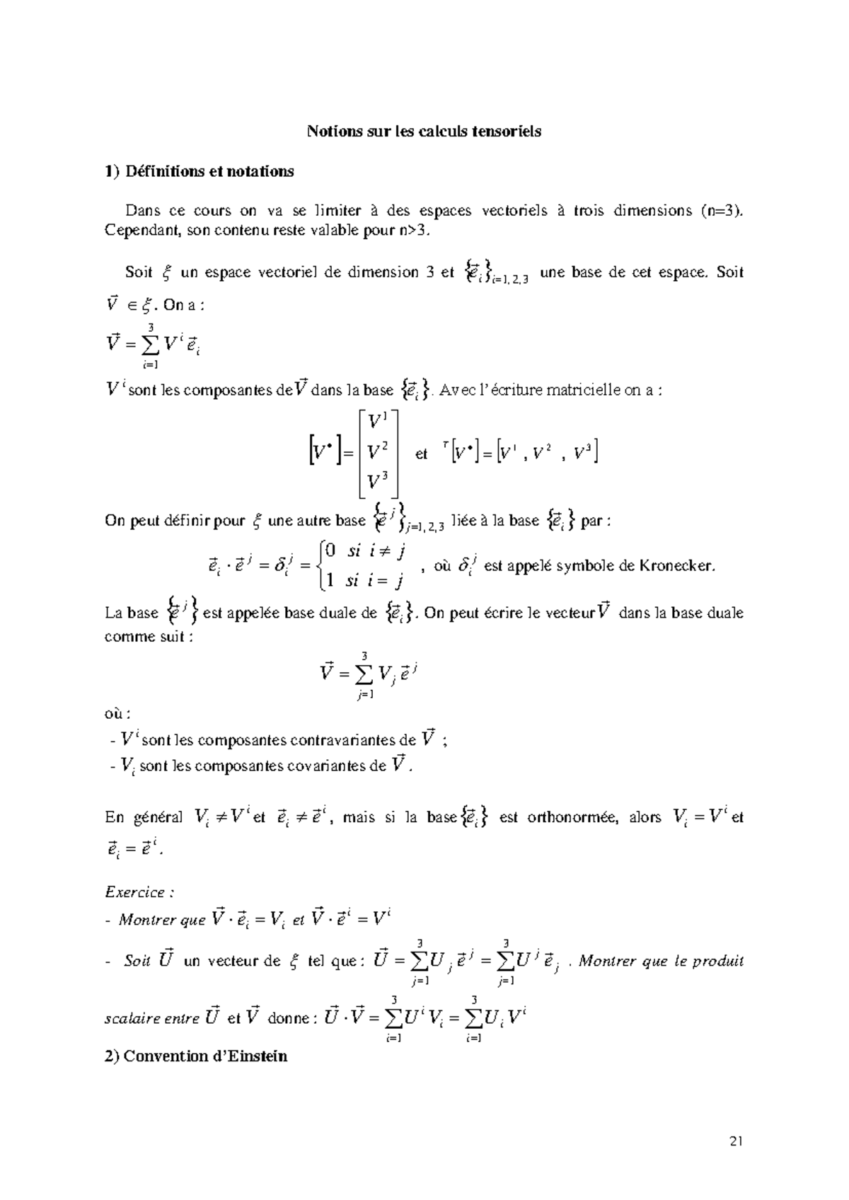 Notions sur les Tenseurs d'Ordre 1 et 2 - Chap1 - Cours MMC - Studocu