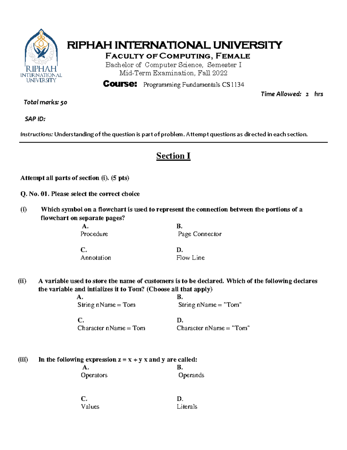 Programming Fundamental - Attempt questions as directed in each section ...