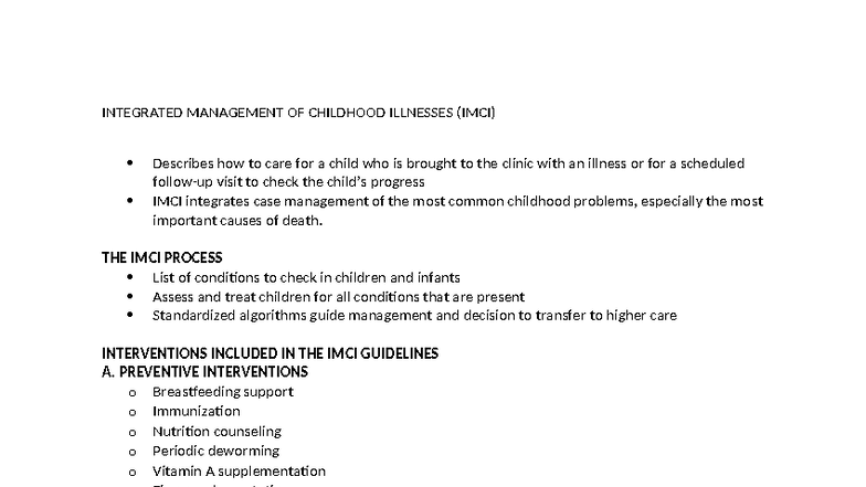 IMCI Guidelines: Integrated Management of Childhood Illnesses - Studocu