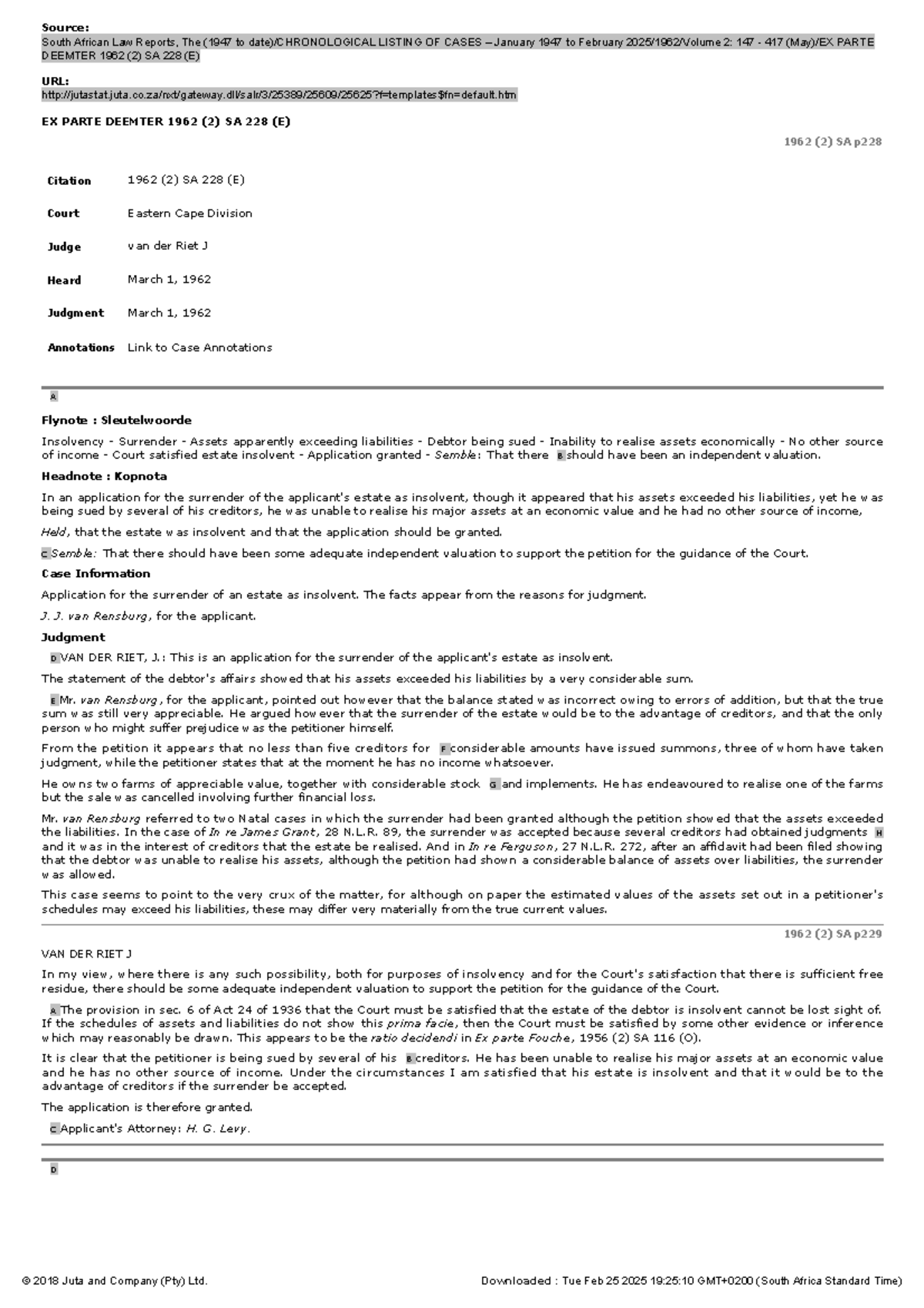 EX Parte Deemter 1962 (2) SA 228 (E) - Source: South African Law ...