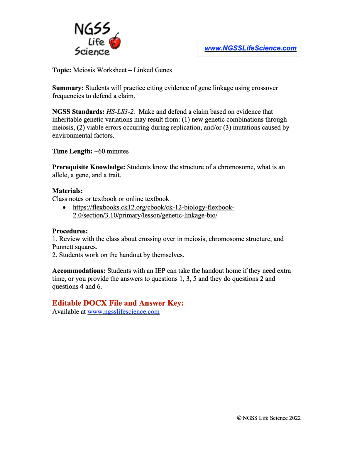 NGSS Life Science 2022: Meiosis Worksheet on Linked Genes and Crossover ...