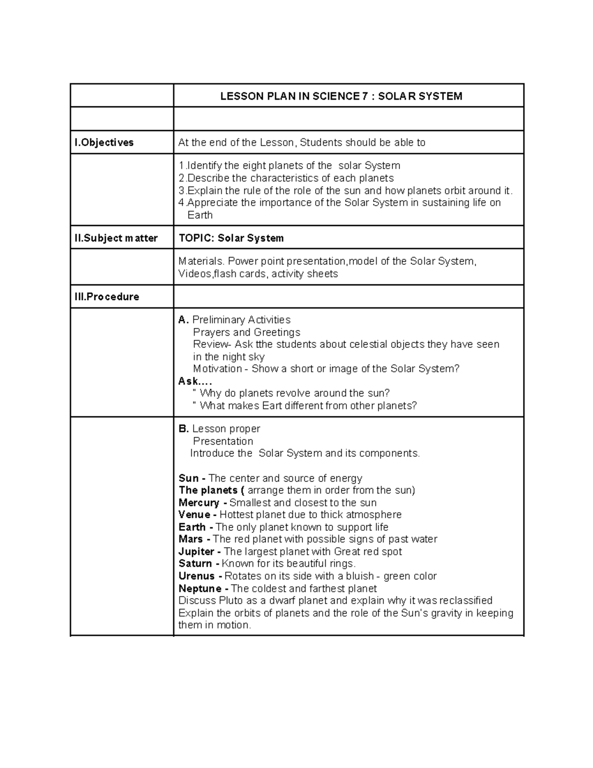 Lesson PLA IN Science 7 - Solar System - LESSON PLAN IN SCIENCE 7 ...