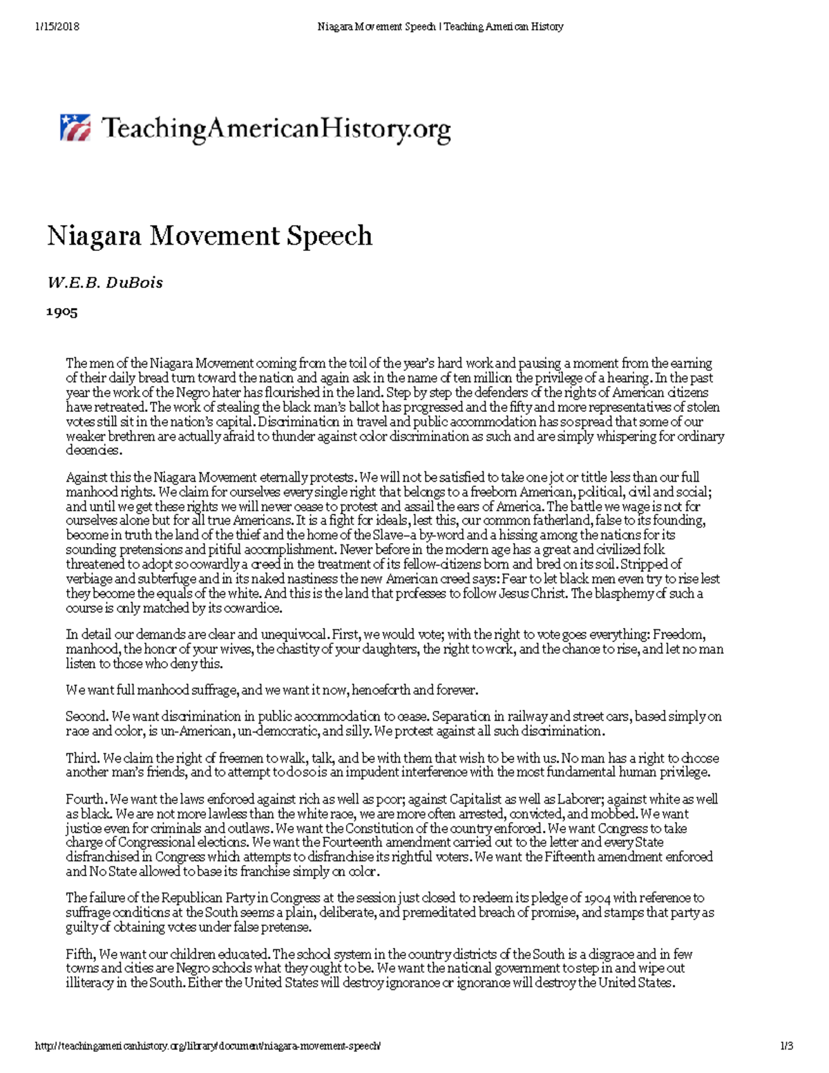 Niagara Movement Speech Teaching American History - 1/15/2018 Niagara ...