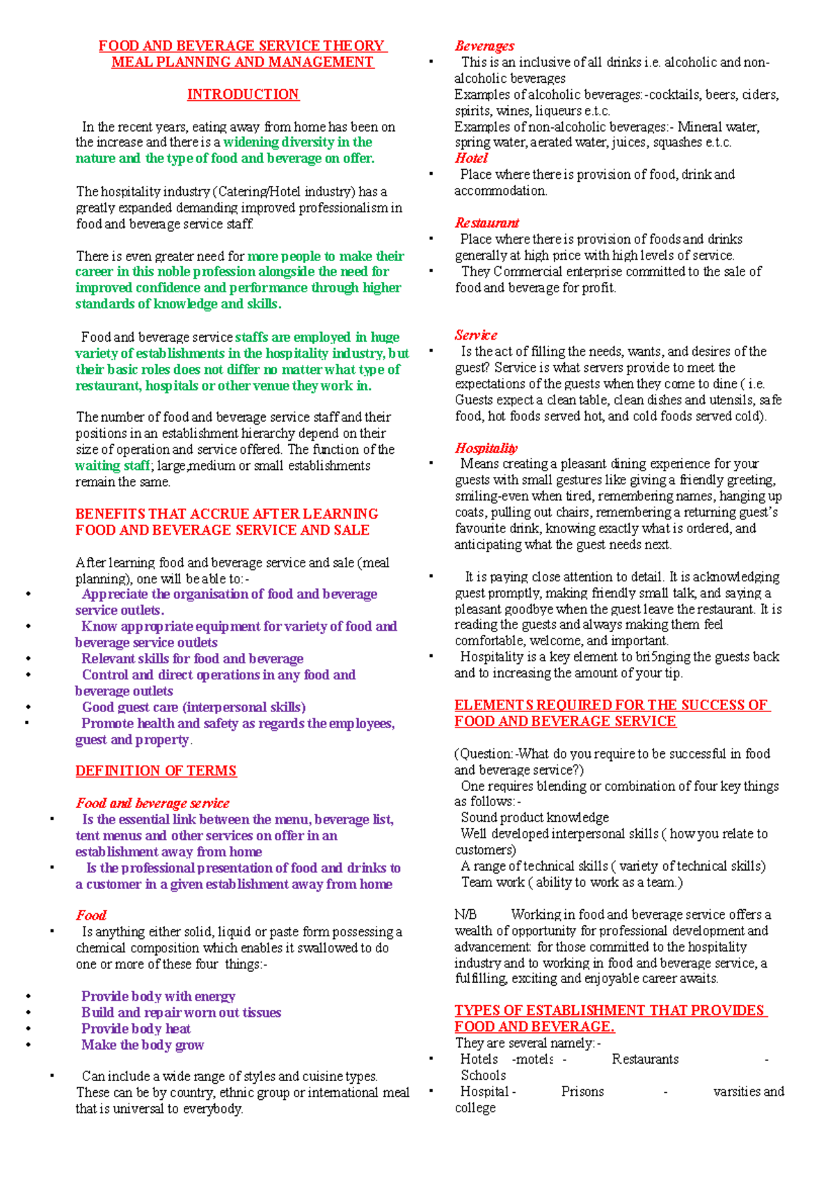 FOOD AND BEVERAGE SERVICE THEORY: Key Concepts and Applications - Studocu