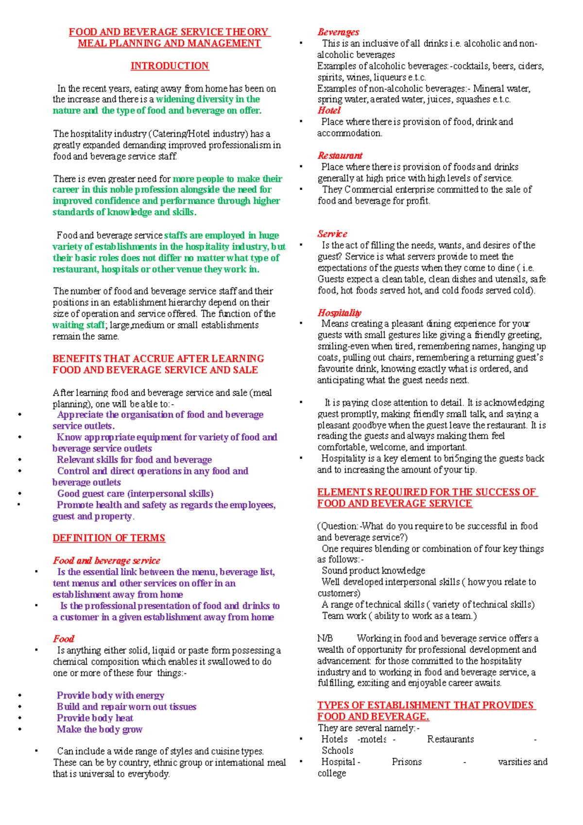 Methods of Order Taking in Food Service Practical (Service 101) - Studocu