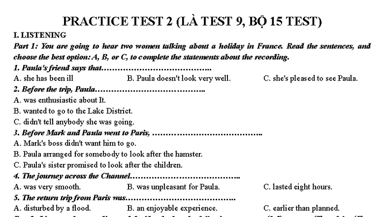 PRACTICE TEST 2 (LÀ TEST 9, BỘ 15 TEST) - Listening & Reading - Studocu