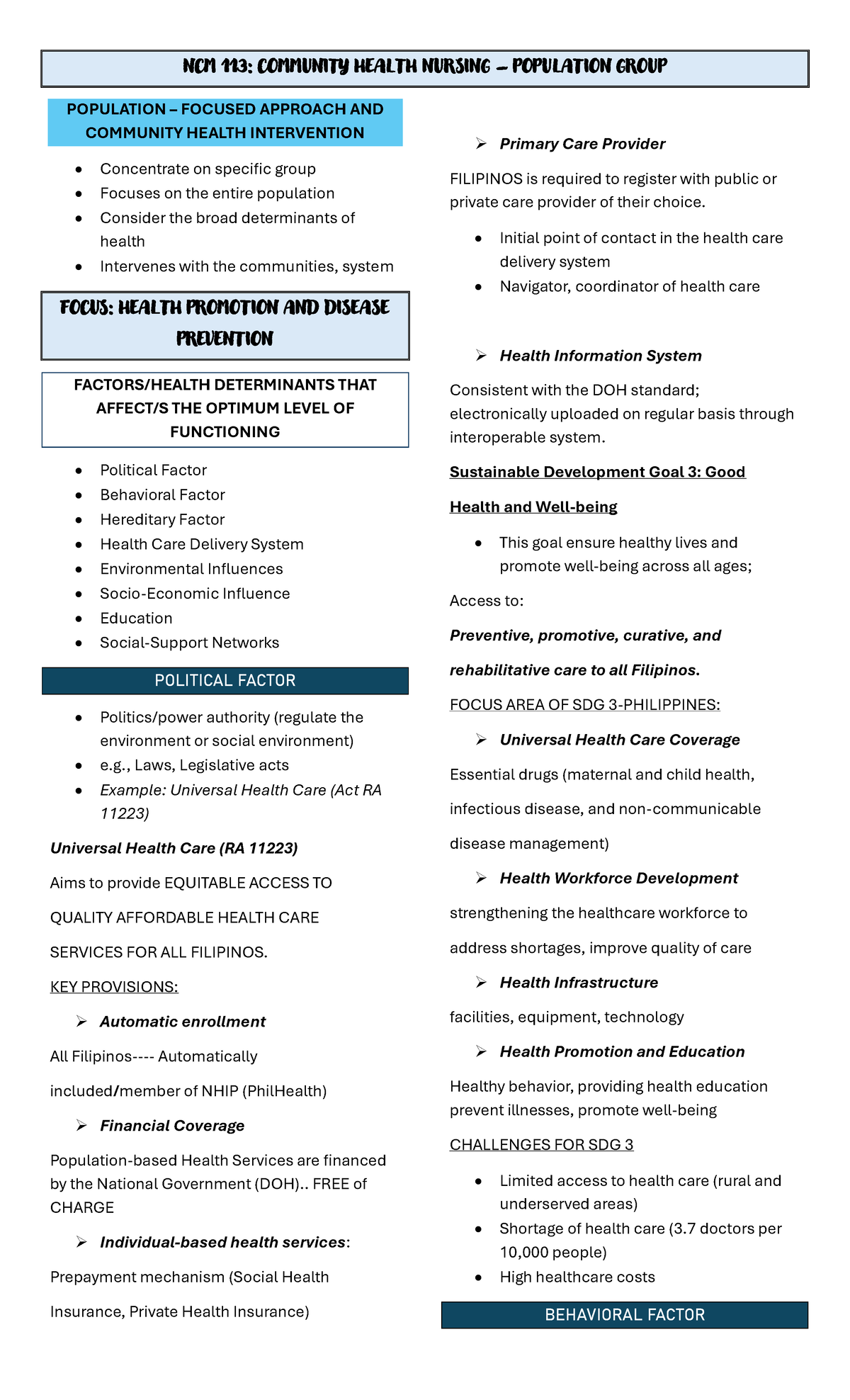 NCM 113: Community Health Nursing - Population Focused Approaches and ...
