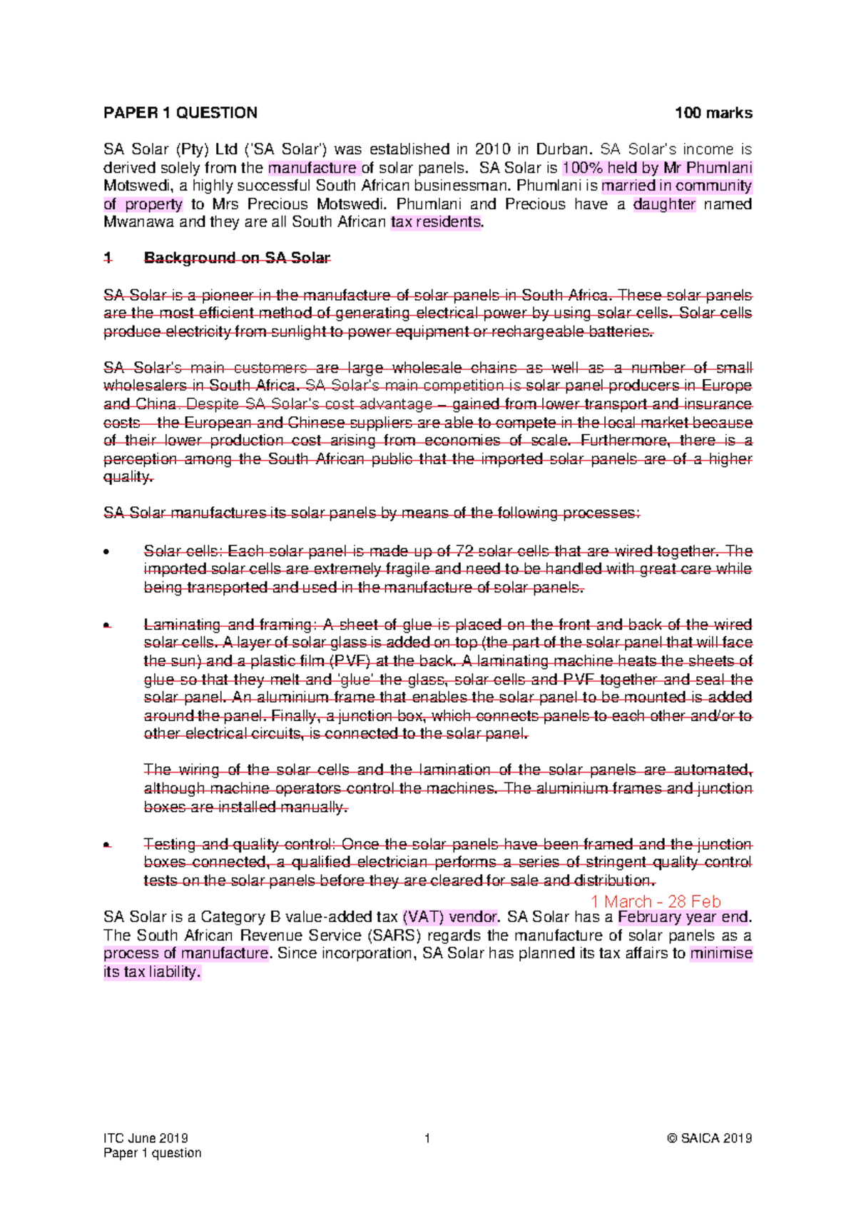 ITC June 2019 Paper 1: SA Solar Case Study Analysis - Studocu