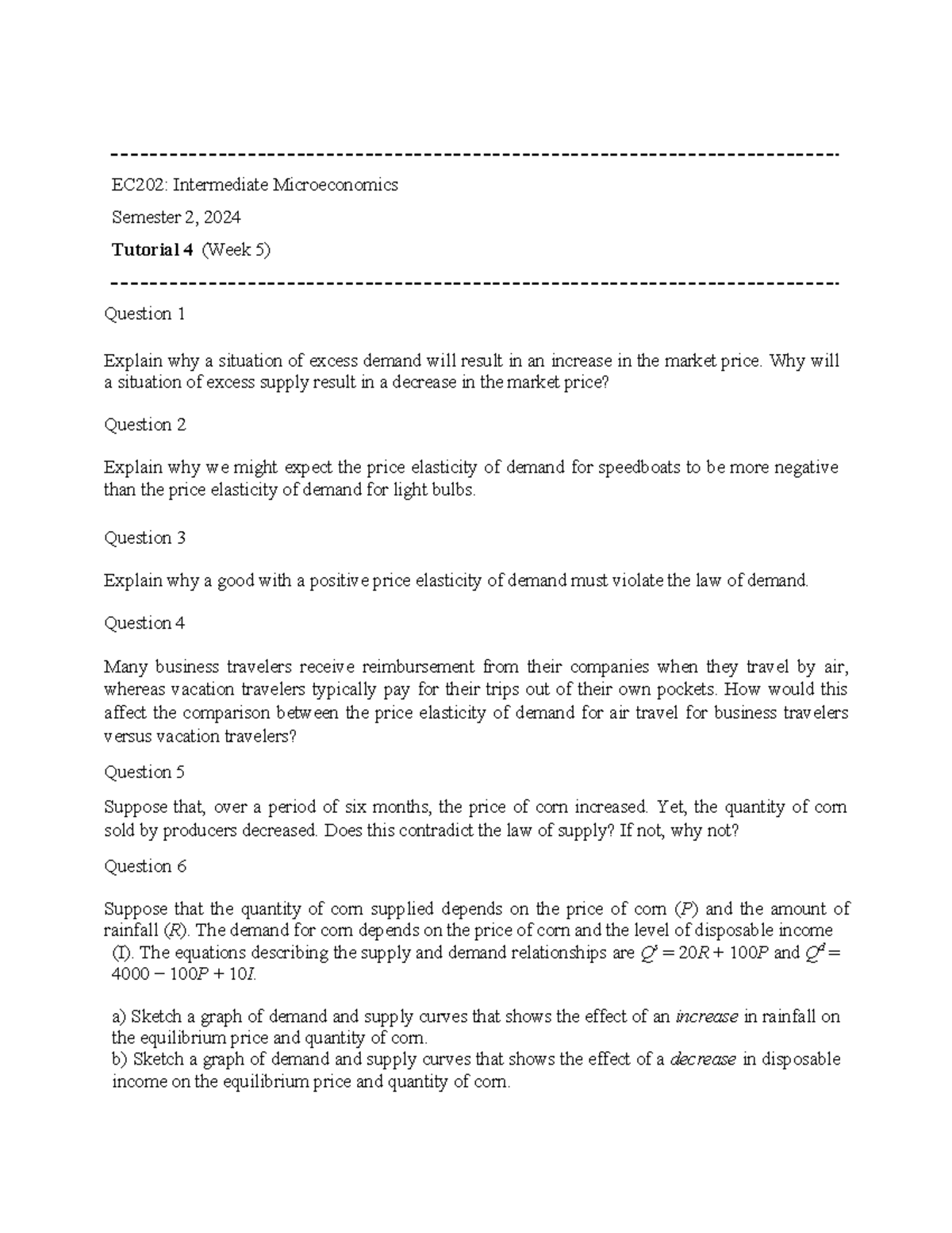 Week4 Tutorial Questions - EC202: Intermediate Microeconomics Semester ...