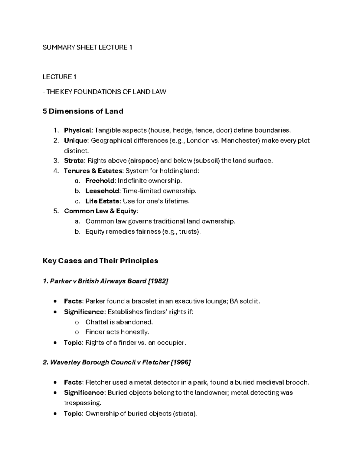 Land Law Summary Sheet: Lecture 1 - Key Foundations and Cases - Studocu