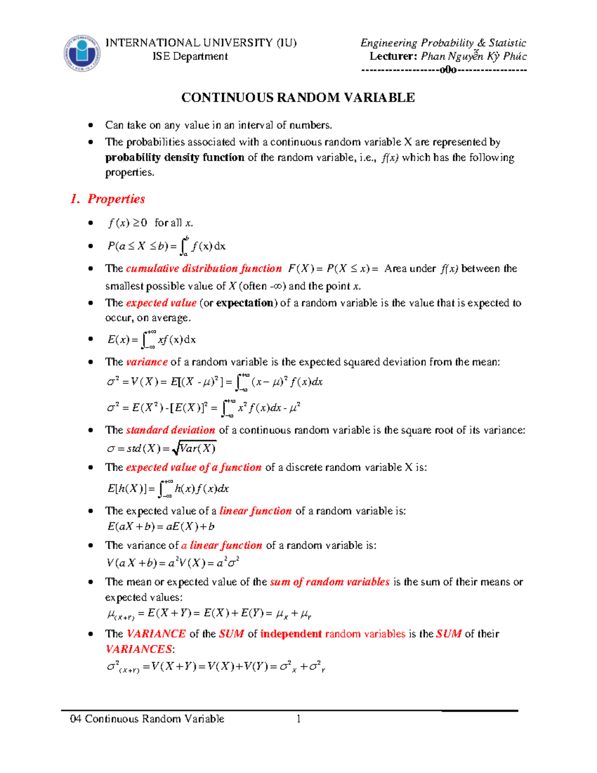 04 Continuous Random Variable - ISE Department Lecturer: Phan Nguyễn Kỳ ...
