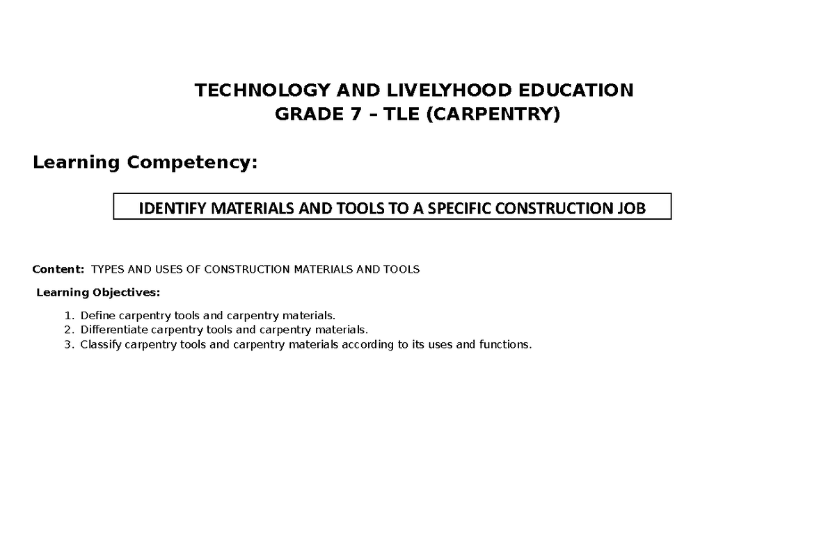 TLE 7 - Carpentry Quiz: Tools and Materials Understanding - Studocu