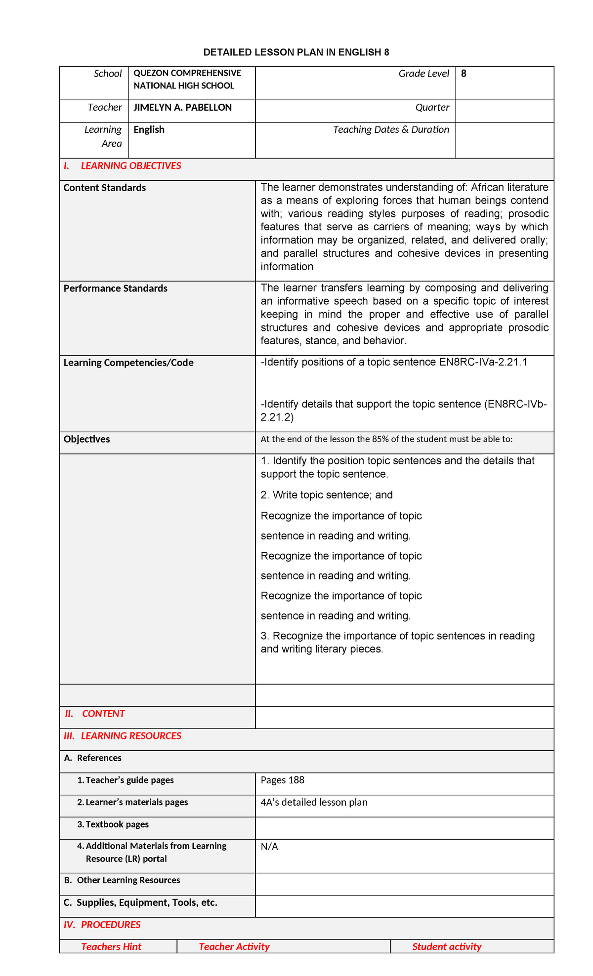 Detailed Lesson Plan on Topic Sentences for English 8 - Studocu
