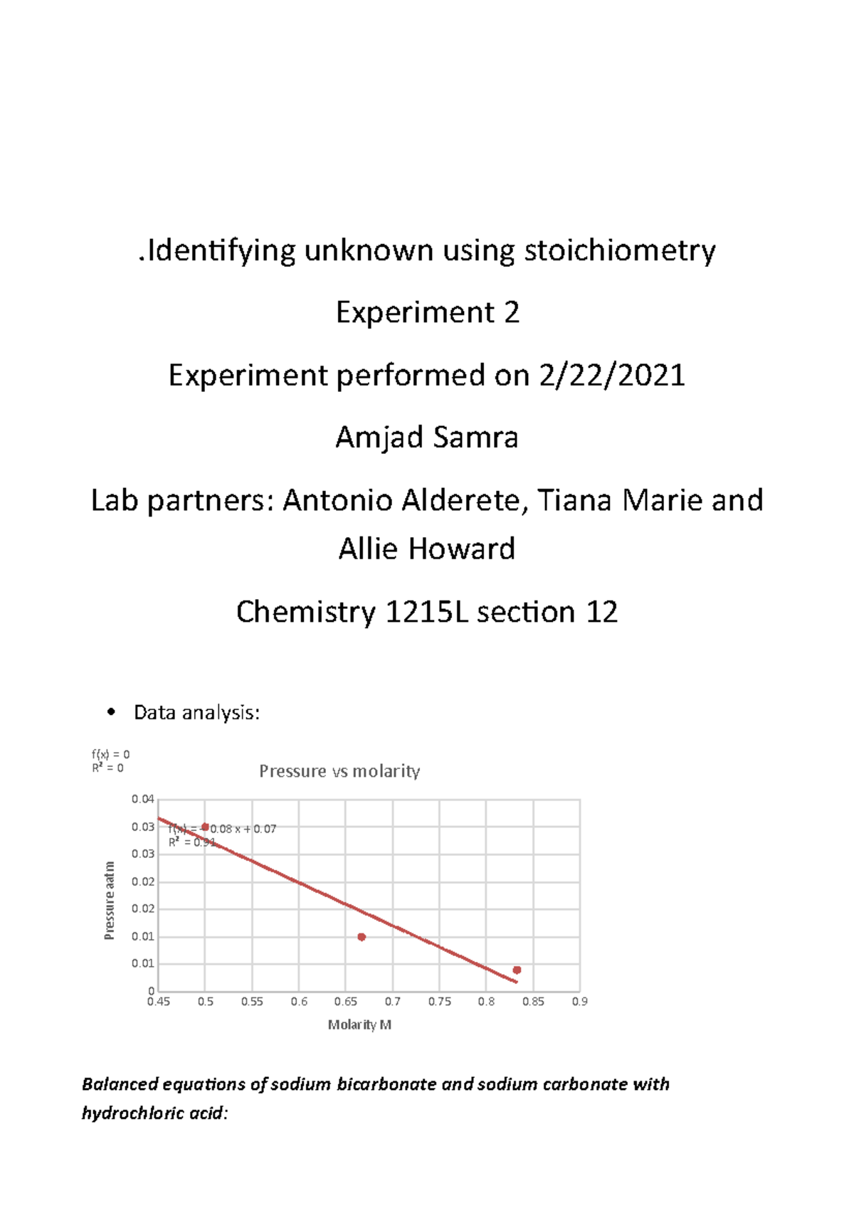 Chemistry 1215L Experiment 2: Post Lab Report on Stoichiometry ...