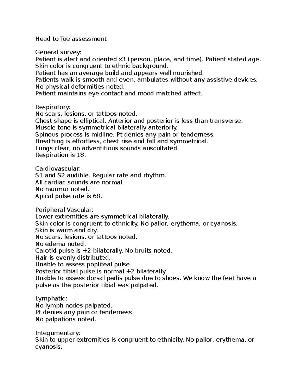 Head to Toe Assessment Summary - Comprehensive Patient Evaluation - Studocu