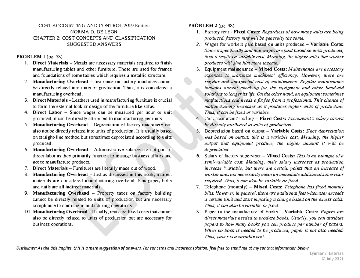 Chapter 2- Cost Accounting and Control 2019 Edition by Norma De Leon ...